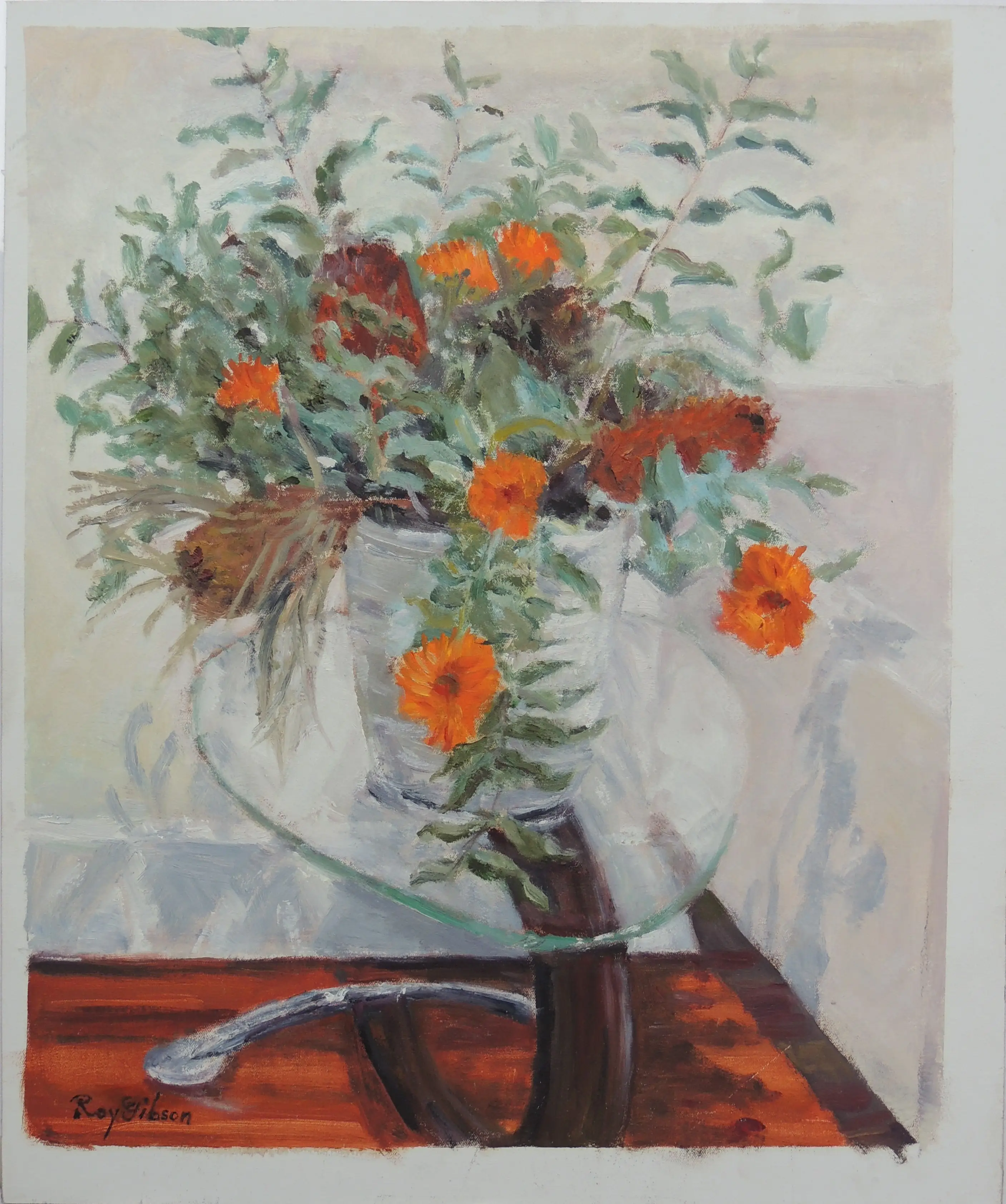 'Native Flowers on Glasstop table', Oil By Roy Gibson